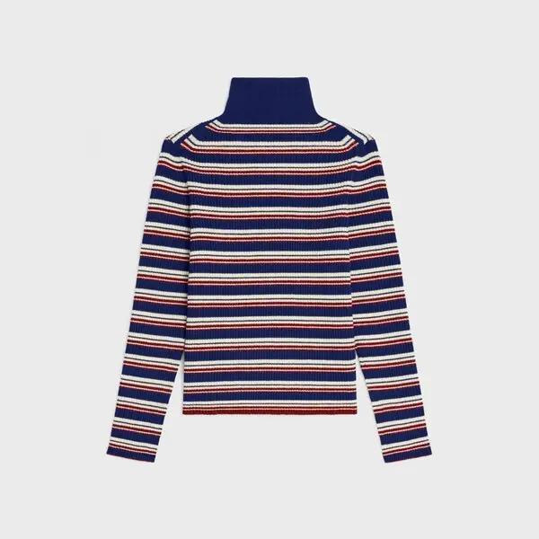 Celine Striped Ribbed Wool Turtleneck Sweater - Blue/beige/red