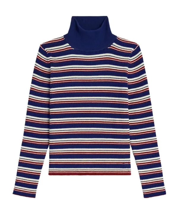 Celine Striped Ribbed Wool Turtleneck Sweater - Blue/beige/red