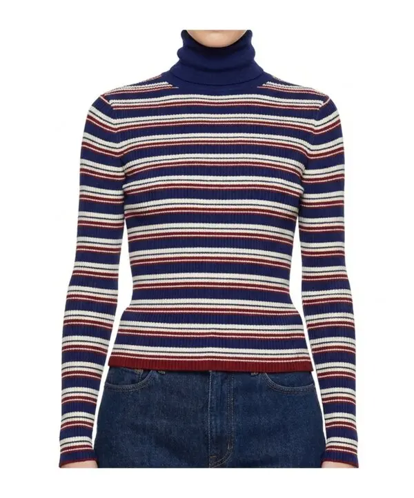 Celine Striped Ribbed Wool Turtleneck Sweater - Blue/beige/red