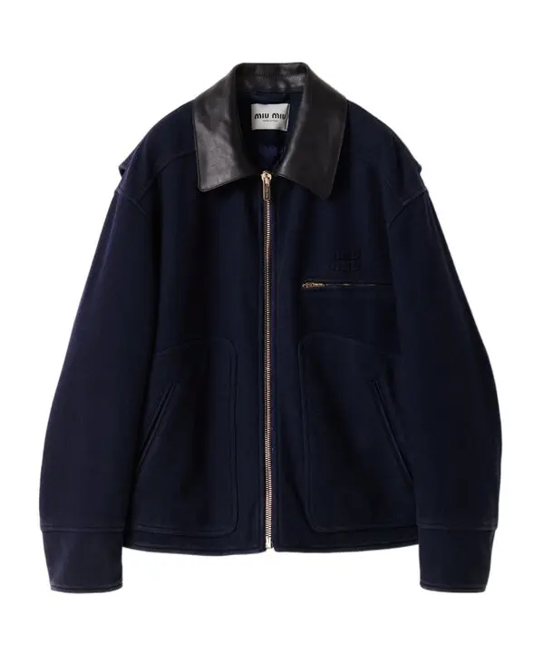 Miu Miu Washed Wool Cloth Blouson Jacket With Leather Collar - Navy