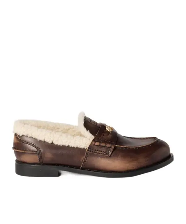 Miu Miu Bleached Leather And Shearling Loafers - Ebony