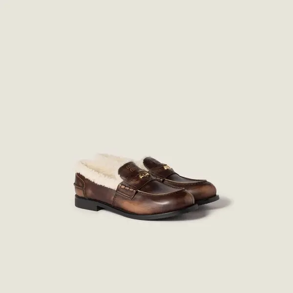 Miu Miu Bleached Leather And Shearling Loafers - Ebony