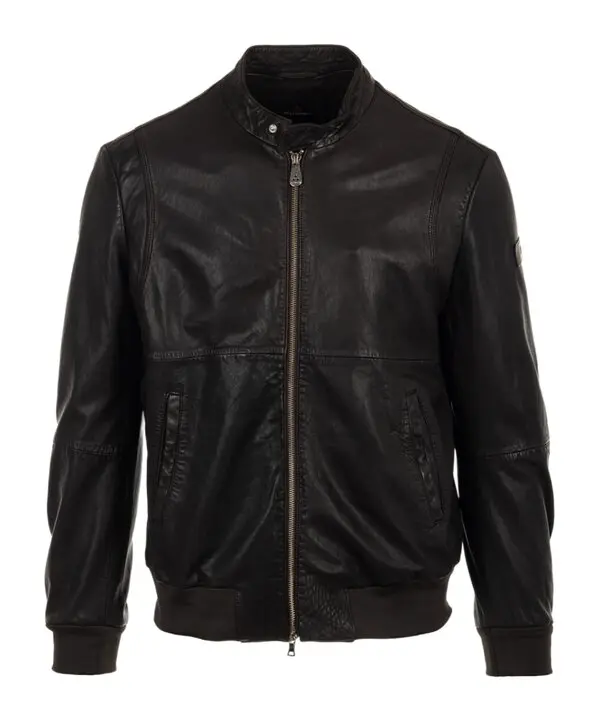 Peuterey Leather Bomber Jacket With Stand Collar - Black