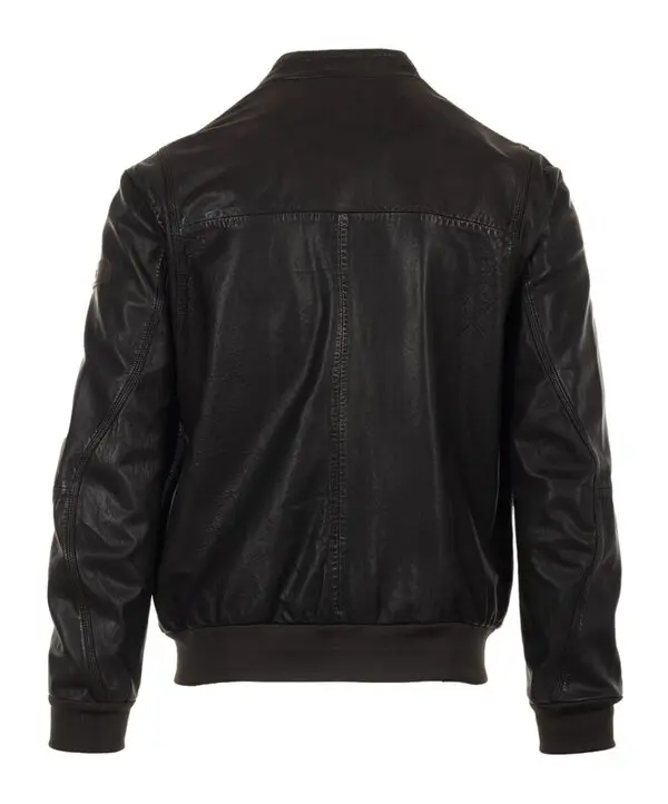 Peuterey Leather Bomber Jacket With Stand Collar - Black