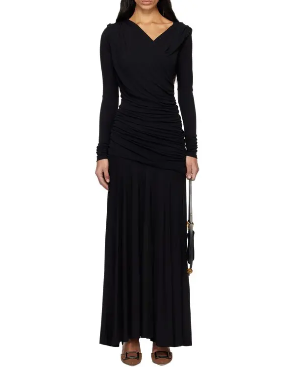 GANNI Asymmetrical Neckline Ruched Long Sleeve Maxi Dress