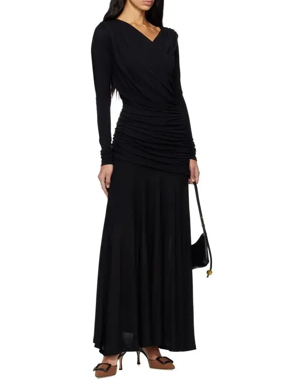 GANNI Asymmetrical Neckline Ruched Long Sleeve Maxi Dress