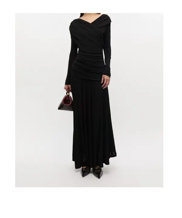 GANNI Asymmetrical Neckline Ruched Long Sleeve Maxi Dress