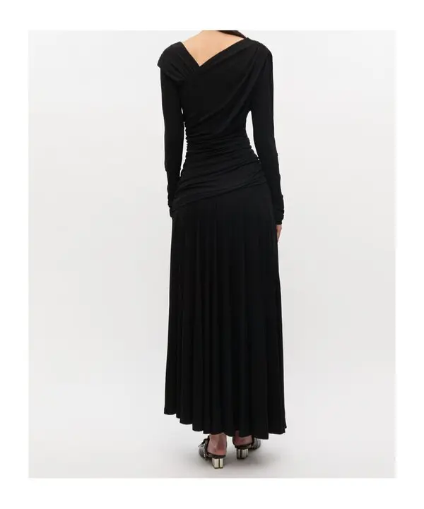 GANNI Asymmetrical Neckline Ruched Long Sleeve Maxi Dress