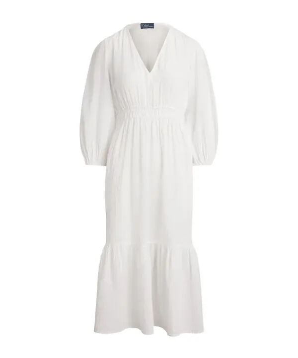 Polo Ralph Lauren V-neck Tiered Midi Dress With Puff Sleeves