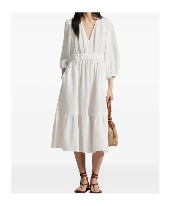 Polo Ralph Lauren V-neck Tiered Midi Dress With Puff Sleeves