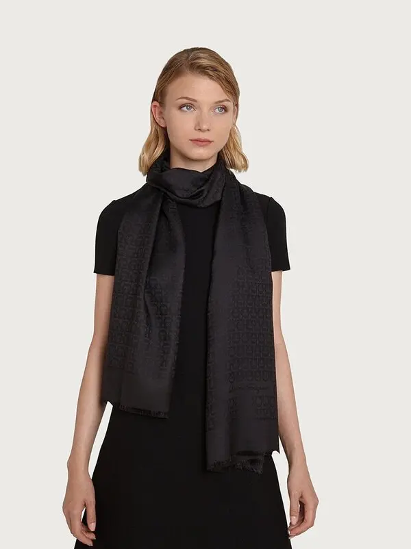 FERRAGAMO Gancini-jacquard Fringed Edge Scarf - Black