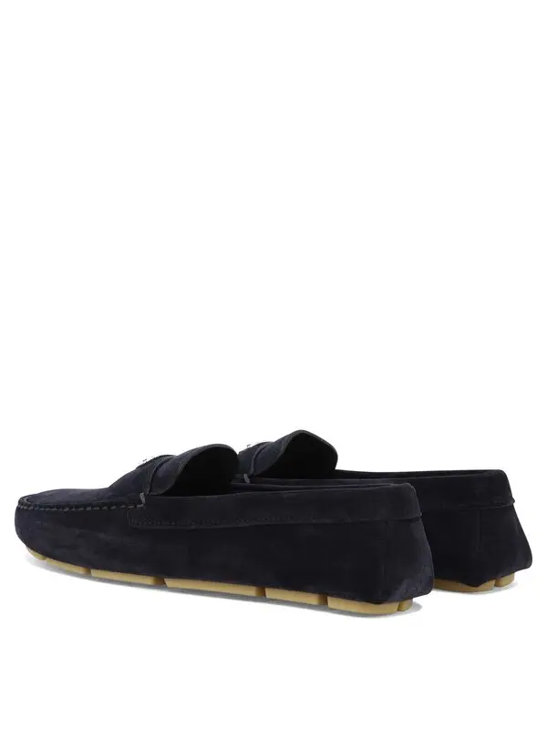 Prada Enamel Triangle Logo Suede Loafers - Blue