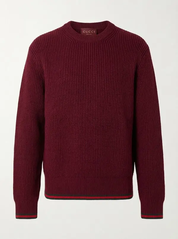 Gucci Ribbed Mock Neck Sweater With Webbing Trim - Wine Red