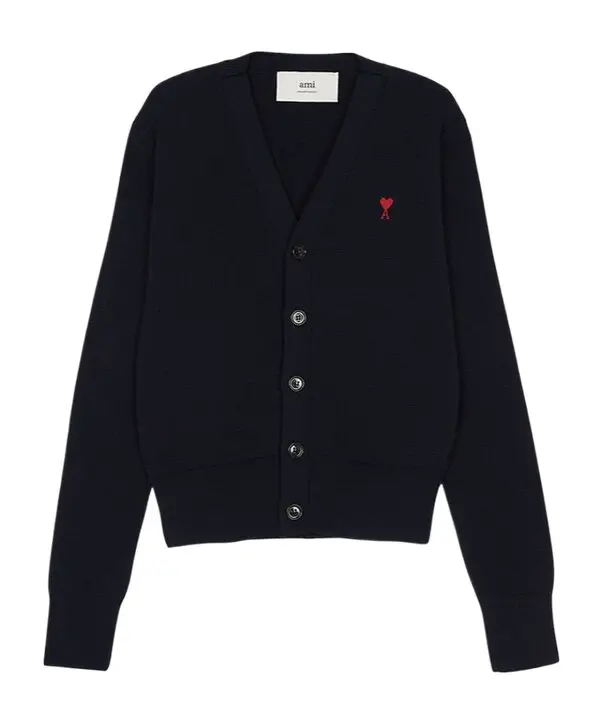 AMI Paris V-neck Cardigan With Embroidered Logo - Black