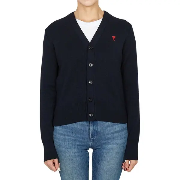 AMI Paris V-neck Cardigan With Embroidered Logo - Black