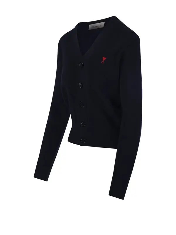 AMI Paris V-neck Cardigan With Embroidered Logo - Black