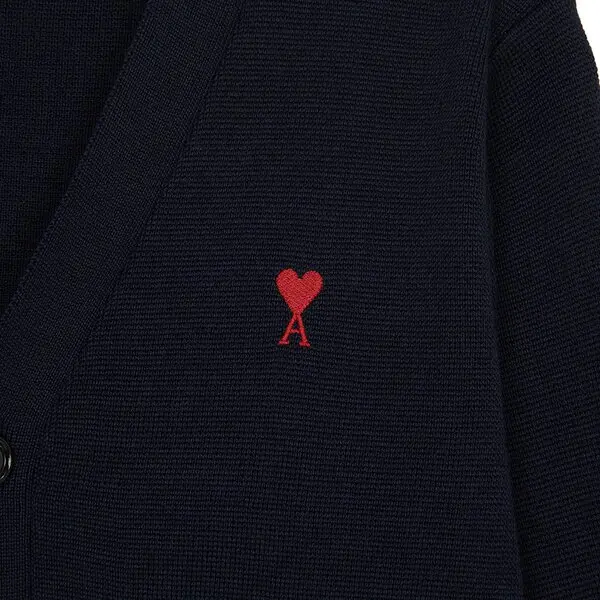 AMI Paris V-neck Cardigan With Embroidered Logo - No