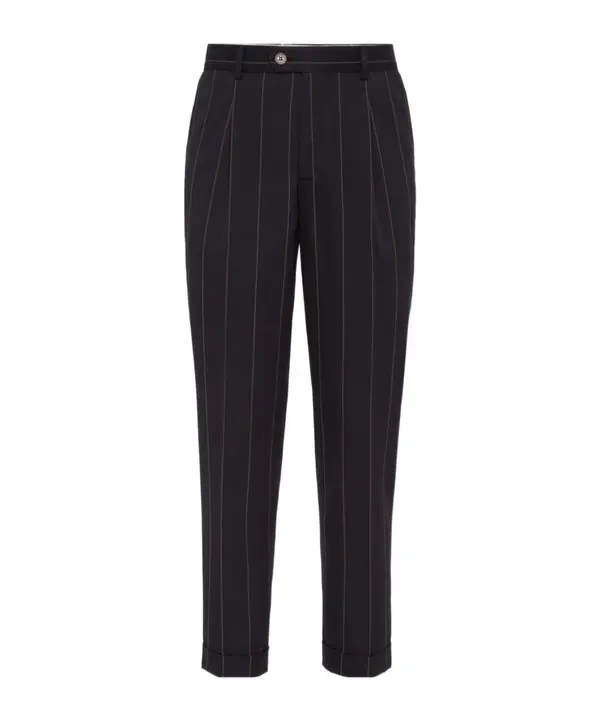 Brunello Cucinelli Stripe-pattern Wool-blend Tailored Trousers - Black