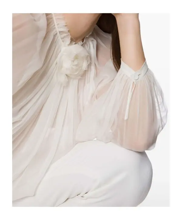 Alberta Ferretti Sheer Balloon Sleeve Blouse With Fabric Flower Detail