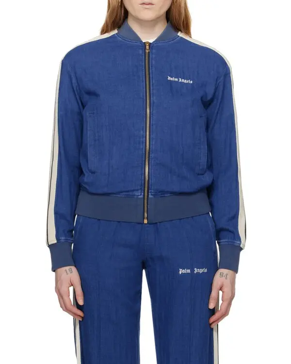 Palm Angels Logo Embroidered Denim Bomber Jacket