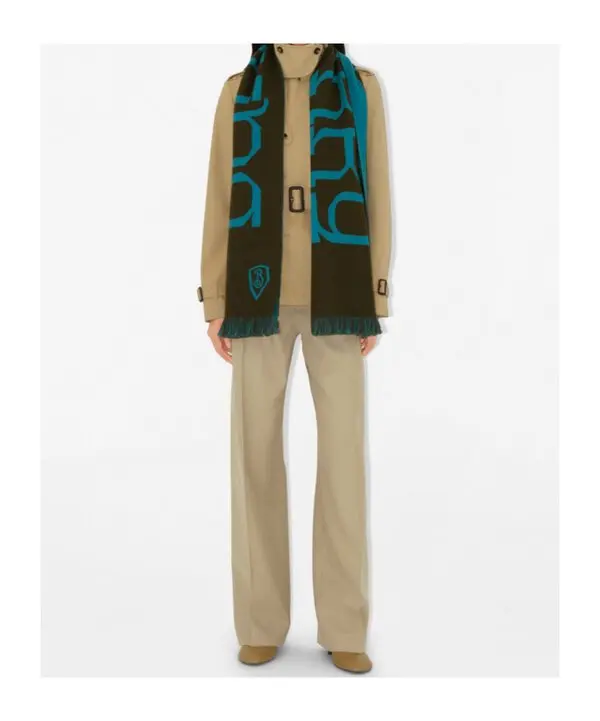 Burberry Logo Jacquard Fringed Scarf - Black
