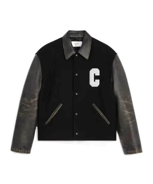 Celine Wool Felt Teddy Jacket With Leather Sleeves - Black