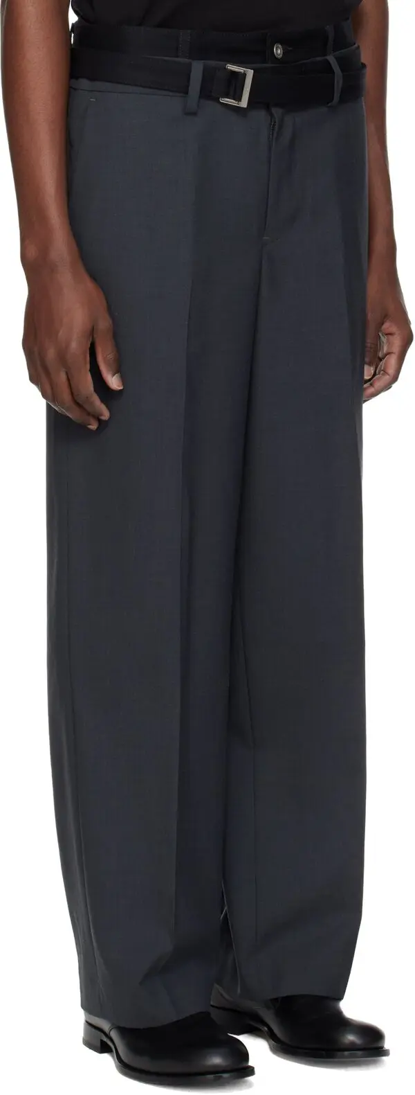 Sacai Wool Blend Casual Pants With Detachable Waistband And Contrast Piping - Grey/black