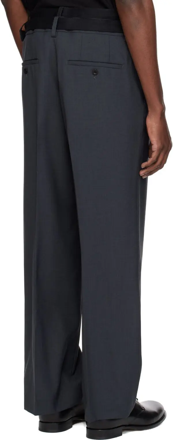 Sacai Wool Blend Casual Pants With Detachable Waistband And Contrast Piping - Grey/black