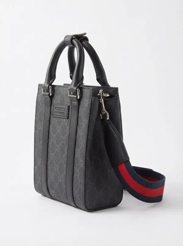 Gucci Gg Supreme Tote Bag With Webbing Detail - Black