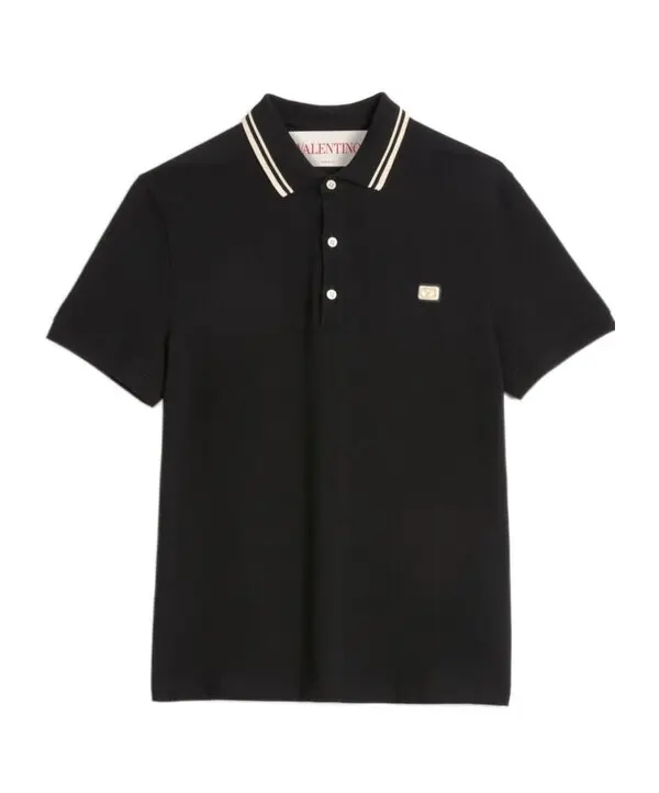 Valentino Garavani Logo Embroidered Straight Hem Polo Shirt - Black