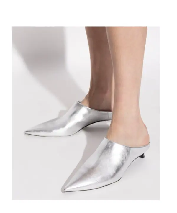 JIL SANDER Pointed Toe Slip-on Kitten Heel Sandals - Sliver