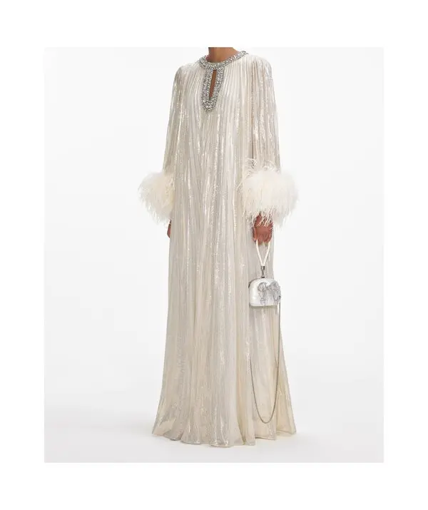 SELF-PORTRAIT Embellished Maxi Dress With Feather Cuffs - Nude