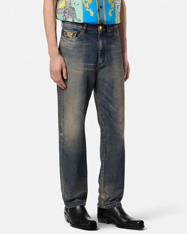 Versace Logo Plaque Cotton Jeans