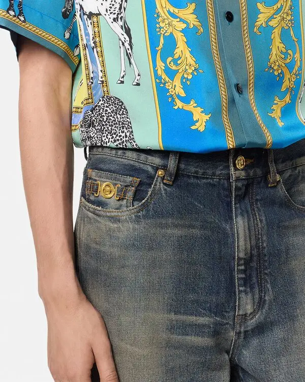Versace Logo Plaque Cotton Jeans