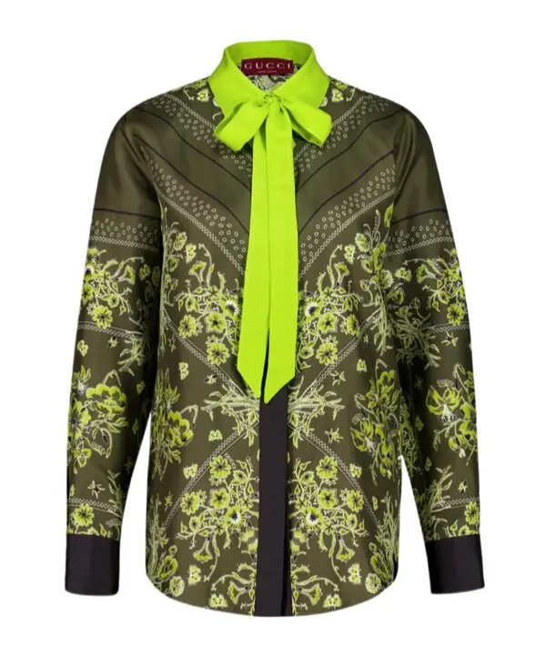 Gucci Printed Silk Twill Shirt With Pussy Bow - Green