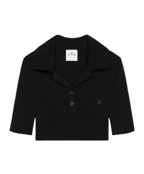COURREGES Courrèges Half-button Knitted Cropped Polo Top - Black