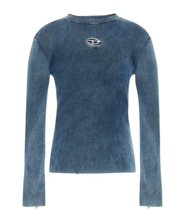 DIESEL® K-daryn-a Ribbed Sweater With Oval Cutout And Metal Logo Detail - Blue