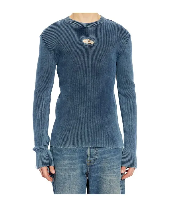 DIESEL® K-daryn-a Ribbed Sweater With Oval Cutout And Metal Logo Detail - Blue
