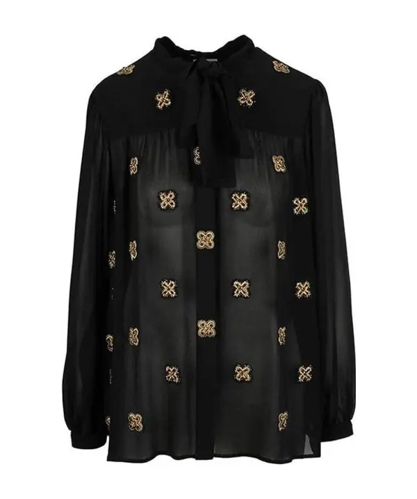 Saint Laurent Logo Embroidered Silk Blouse