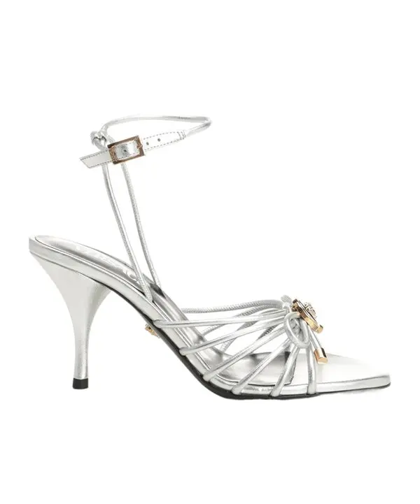 Versace Round Toe High Heeled Sandals With Ankle Strap - Silver