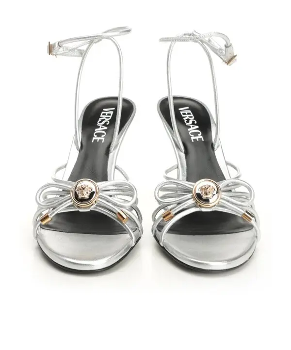 Versace Round Toe High Heeled Sandals With Ankle Strap - Sliver