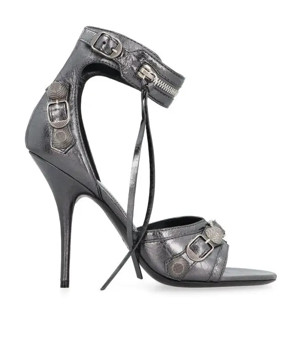 Balenciaga Cagole Metallic Heeled Sandals - Silver