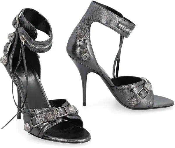 Balenciaga Cagole Metallic Heeled Sandals - Silver