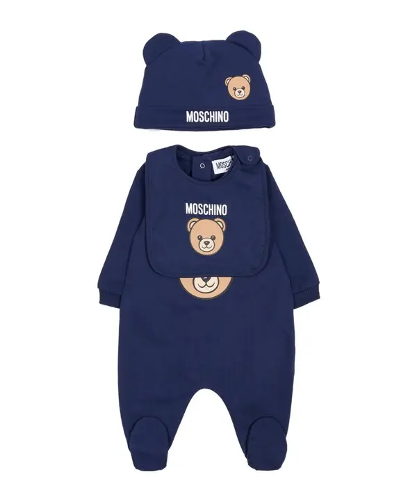 Moschino Teddy Bear Print Jumpsuit, Bib, And Hat Set - Blue
