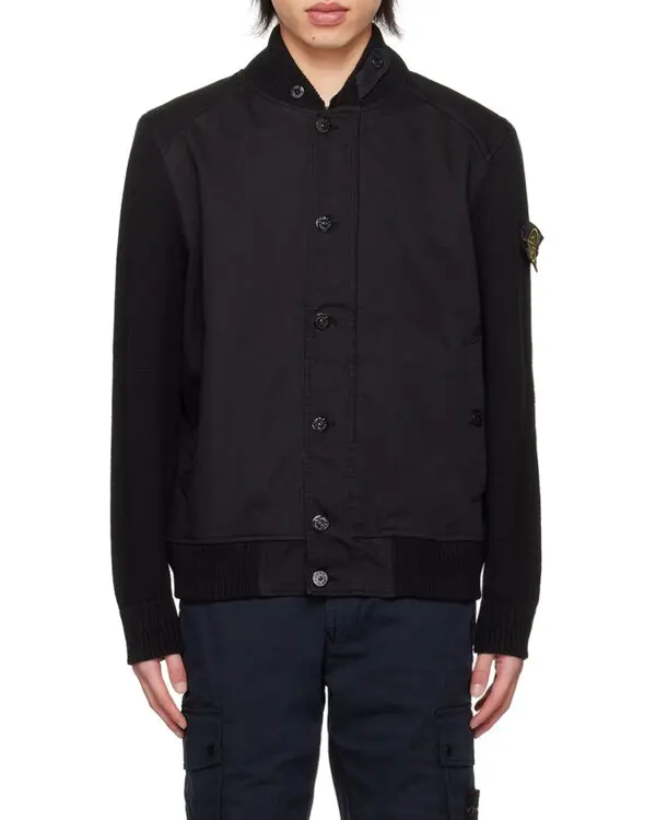 Stone Island Casual Jacket With Ribbed Details And Detachable Emblem - Black