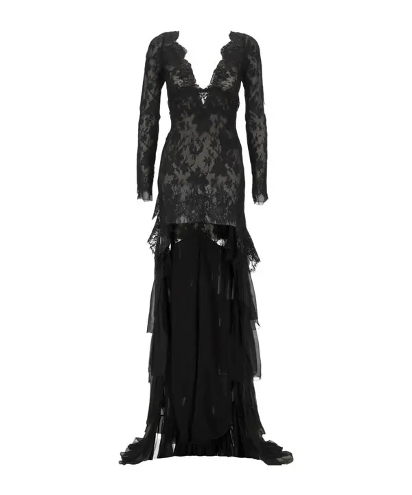 Saint Laurent Ruffled Lace V-neck Maxi Dress