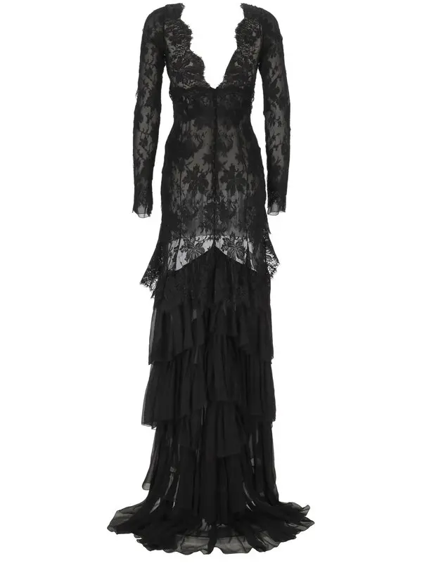 Saint Laurent Ruffled Lace V-neck Maxi Dress