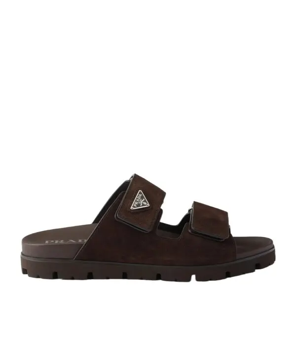 Prada Enamel Triangle Slip-on Sandals - Brown