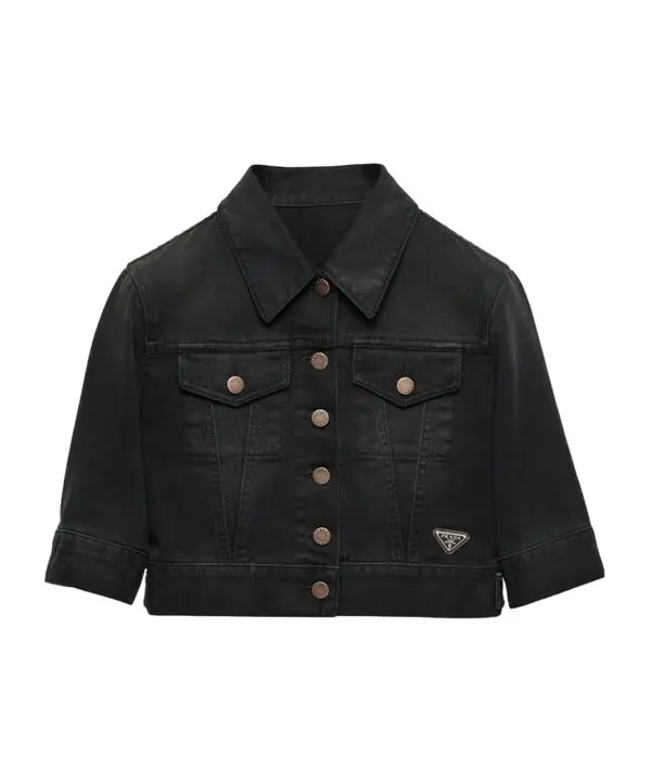 Prada Cropped Denim Jacket With Logo Detail - Black