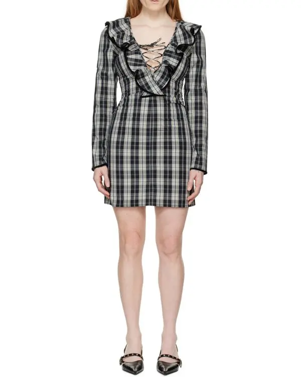 GANNI Checkered Cotton Ruffle V-neck Mini Dress